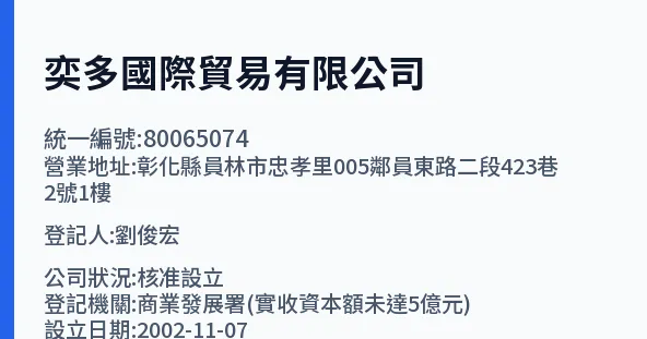 奕多國際貿易有限公司的照片-統編 80065074(彰化縣) 公司登記資料與營業項目詳細圖表