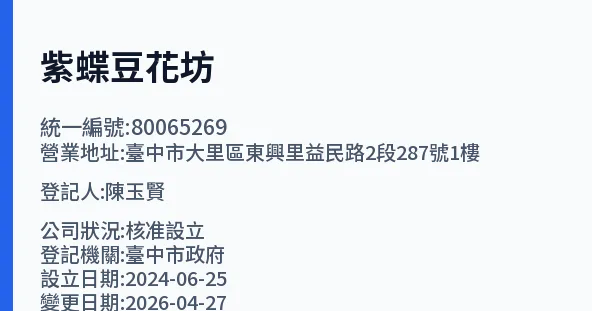 紫蝶豆花坊的照片-統編 80065269(臺中市) 公司登記資料與營業項目詳細圖表