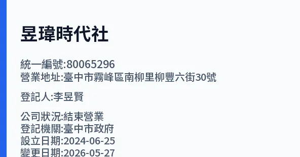 昱瑋時代社的照片-統編 80065296(臺中市) 公司登記資料與營業項目詳細圖表
