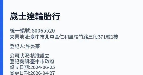 崴士達輪胎行的照片-統編 80065520(臺中市) 公司登記資料與營業項目詳細圖表