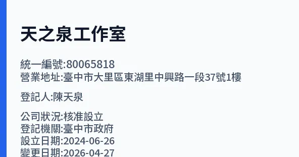 天之泉工作室的照片-統編 80065818(臺中市) 公司登記資料與營業項目詳細圖表
