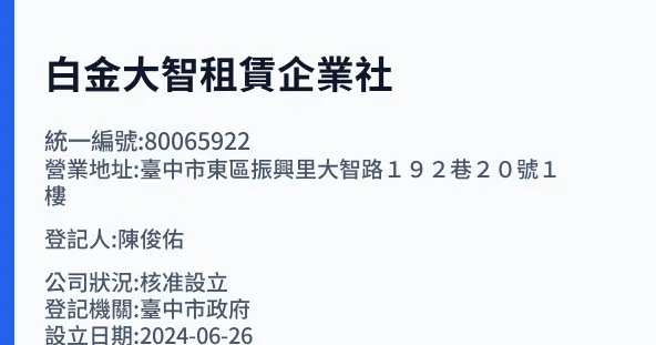 白金大智租賃企業社的照片-統編 80065922(臺中市) 公司登記資料與營業項目詳細圖表