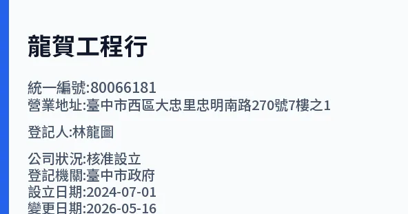 龍賀工程行的照片-統編 80066181(臺中市) 公司登記資料與營業項目詳細圖表