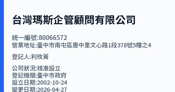台灣瑪斯企管顧問有限公司的照片-統編 80066572(臺中市) 公司登記資料與營業項目詳細圖表