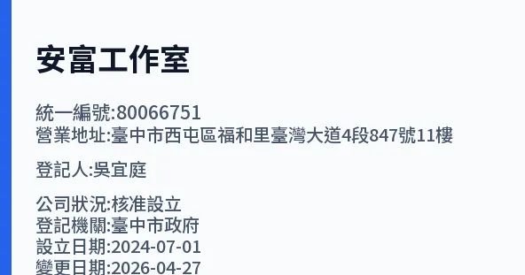 安富工作室的照片-統編 80066751(臺中市) 公司登記資料與營業項目詳細圖表