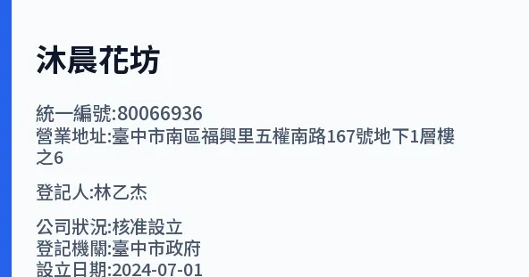 沐晨花坊的照片-統編 80066936(臺中市) 公司登記資料與營業項目詳細圖表