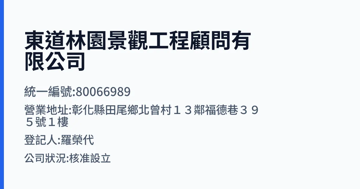 東道林園景觀工程顧問有限公司 - 統編 80066989(彰化縣) 公司登記資料與營業項目詳細圖表
