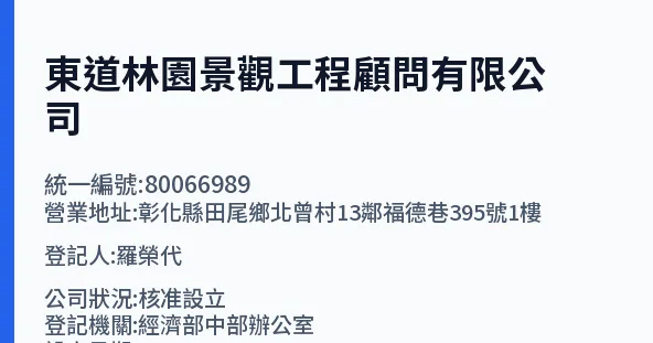東道林園景觀工程顧問有限公司的照片-統編 80066989(彰化縣) 公司登記資料與營業項目詳細圖表