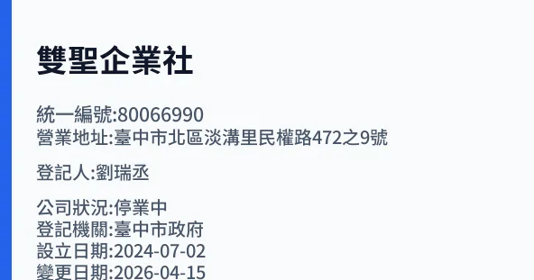 雙聖企業社的照片-統編 80066990(臺中市) 公司登記資料與營業項目詳細圖表