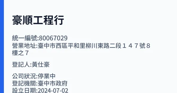 豪順工程行的照片-統編 80067029(臺中市) 公司登記資料與營業項目詳細圖表