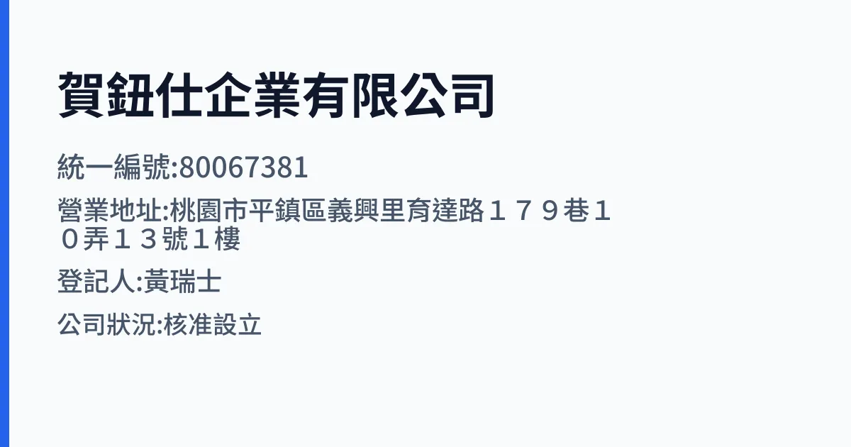 賀鈕仕企業有限公司 - 統編 80067381(桃園市) 公司登記資料與營業項目詳細圖表