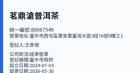茗鼎滄普洱茶的照片-統編 80067549(臺中市) 公司登記資料與營業項目詳細圖表