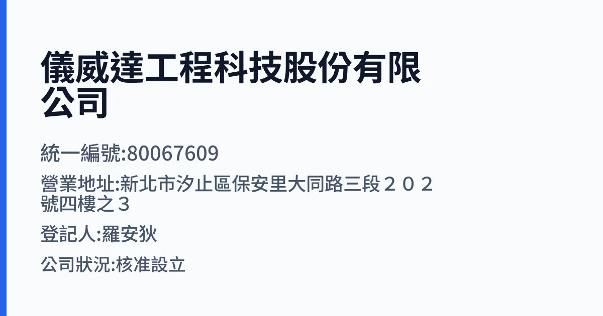 儀威達工程科技股份有限公司 - 統編 80067609(基隆市) 公司登記資料與營業項目詳細圖表