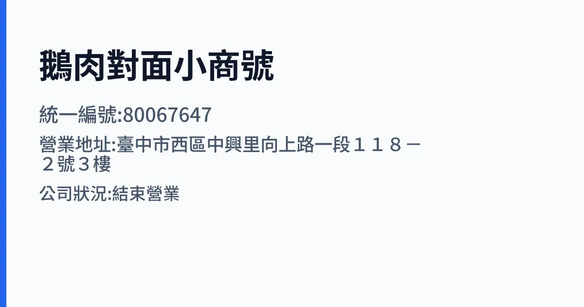 鵝肉對面小商號 - 統編 80067647(臺中市) 公司登記資料與營業項目詳細圖表
