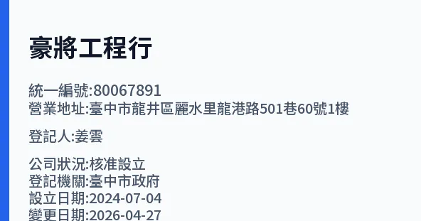 豪將工程行的照片-統編 80067891(臺中市) 公司登記資料與營業項目詳細圖表