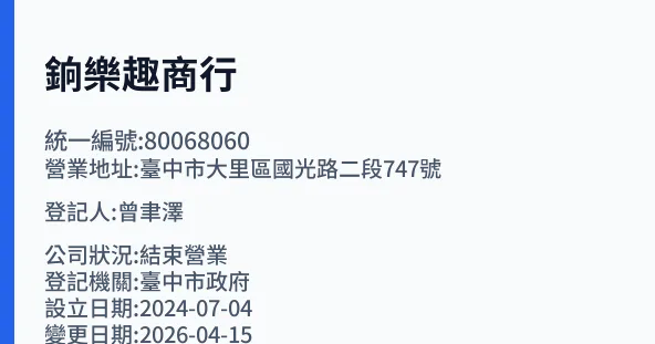 銄樂趣商行的照片-統編 80068060(臺中市) 公司登記資料與營業項目詳細圖表