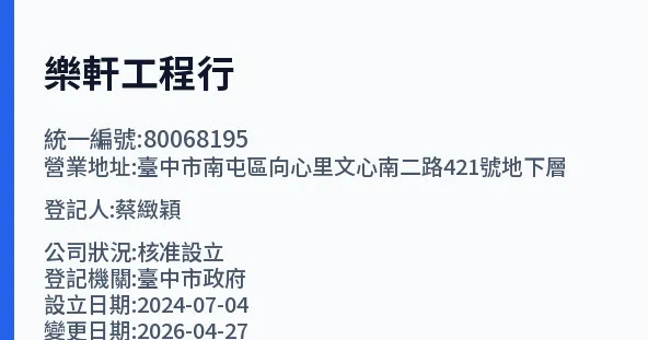 樂軒工程行的照片-統編 80068195(臺中市) 公司登記資料與營業項目詳細圖表
