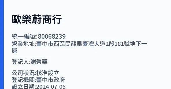 歐樂蔚商行的照片-統編 80068239(臺中市) 公司登記資料與營業項目詳細圖表