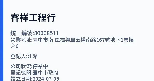 睿祥工程行的照片-統編 80068511(臺中市) 公司登記資料與營業項目詳細圖表