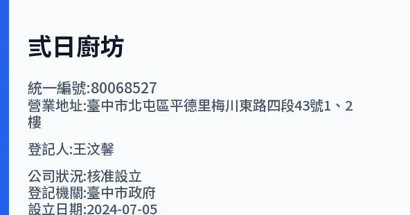 弎日廚坊的照片-統編 80068527(臺中市) 公司登記資料與營業項目詳細圖表