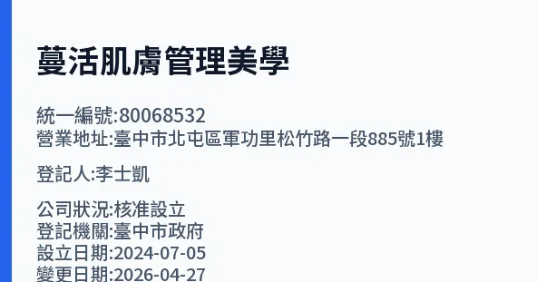 蔓活肌膚管理美學的照片-統編 80068532(臺中市) 公司登記資料與營業項目詳細圖表