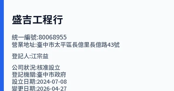 盛吉工程行的照片-統編 80068955(臺中市) 公司登記資料與營業項目詳細圖表