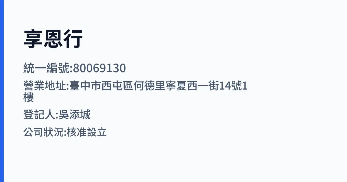 享恩行 - 統編 80069130(臺中市) 公司登記資料與營業項目詳細圖表