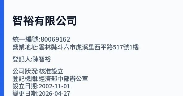 智裕有限公司的照片-統編 80069162(雲林縣) 公司登記資料與營業項目詳細圖表