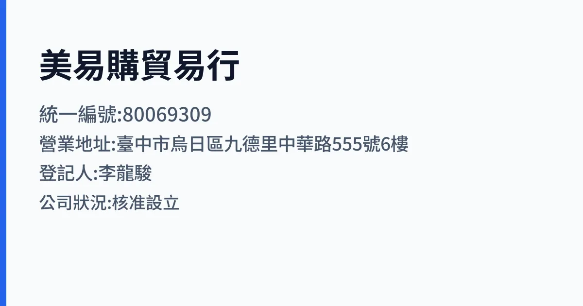美易購貿易行 - 統編 80069309(臺中市) 公司登記資料與營業項目詳細圖表
