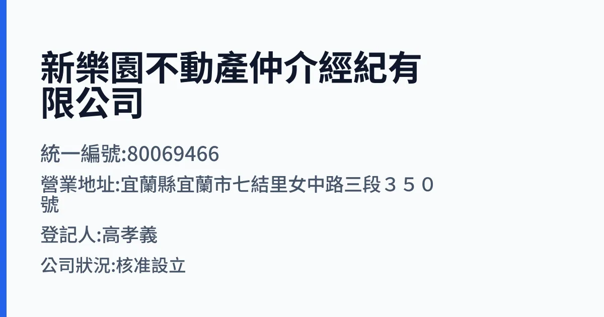 新樂園不動產仲介經紀有限公司 - 統編 80069466(宜蘭縣) 公司登記資料與營業項目詳細圖表