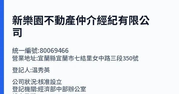新樂園不動產仲介經紀有限公司的照片-統編 80069466(宜蘭縣) 公司登記資料與營業項目詳細圖表