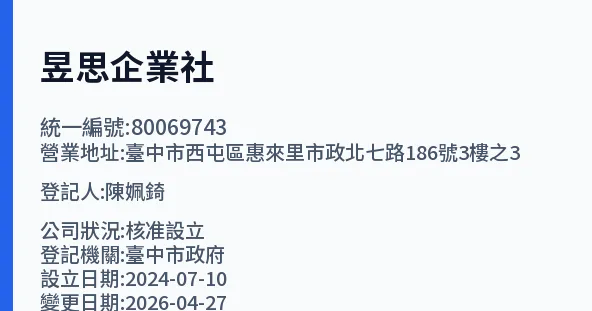 昱思企業社的照片-統編 80069743(臺中市) 公司登記資料與營業項目詳細圖表