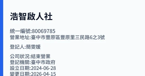 浩智啟人社的照片-統編 80069785(臺中市) 公司登記資料與營業項目詳細圖表