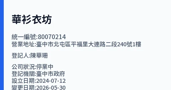 華衫衣坊的照片-統編 80070214(臺中市) 公司登記資料與營業項目詳細圖表