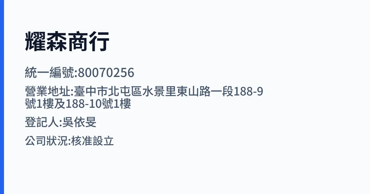 耀森商行 - 統編 80070256(臺中市) 公司登記資料與營業項目詳細圖表