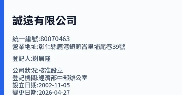 誠遠有限公司的照片-統編 80070463(彰化縣) 公司登記資料與營業項目詳細圖表
