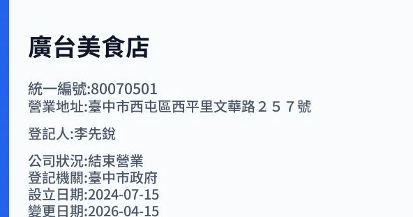 廣台美食店的照片-統編 80070501(臺中市) 公司登記資料與營業項目詳細圖表