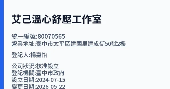 艾己溫心舒壓工作室的照片-統編 80070565(臺中市) 公司登記資料與營業項目詳細圖表