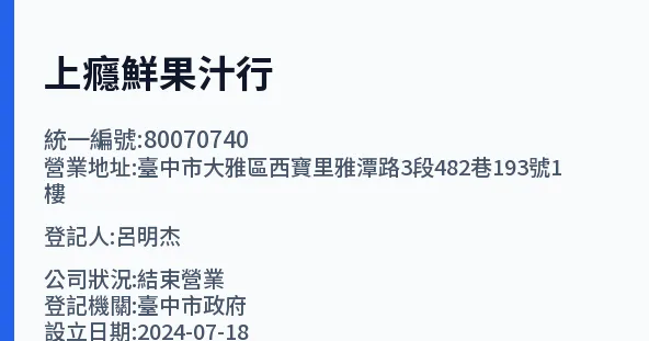 上癮鮮果汁行的照片-統編 80070740(臺中市) 公司登記資料與營業項目詳細圖表