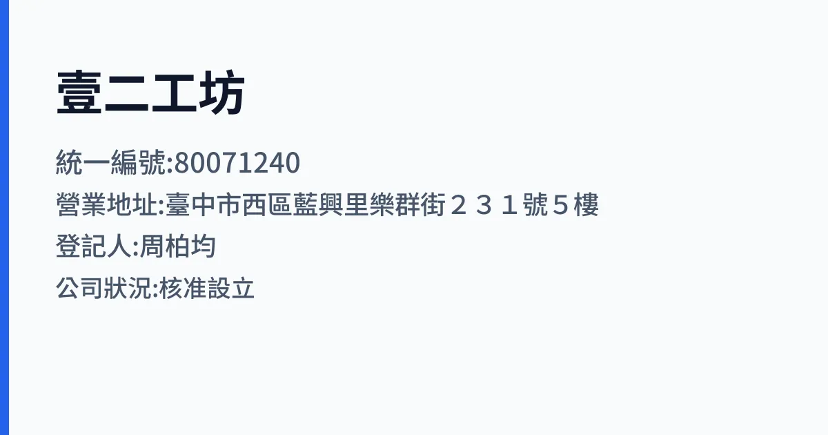 壹二工坊 - 統編 80071240（臺中市） 公司登記資料與營業項目詳細圖表