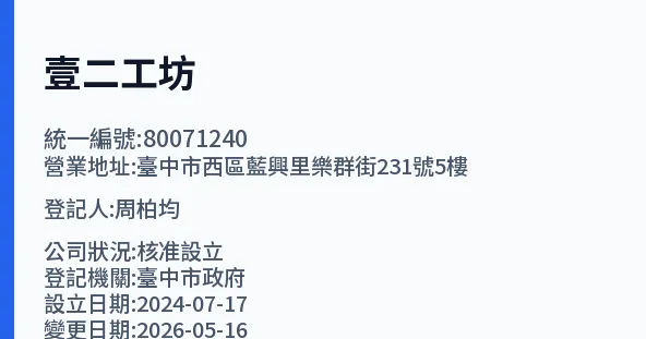壹二工坊的照片-統編 80071240(臺中市) 公司登記資料與營業項目詳細圖表
