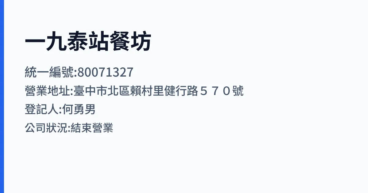一九泰站餐坊 - 統編 80071327(臺中市) 公司登記資料與營業項目詳細圖表