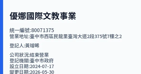 優娜國際文教事業的照片-統編 80071375(臺中市) 公司登記資料與營業項目詳細圖表