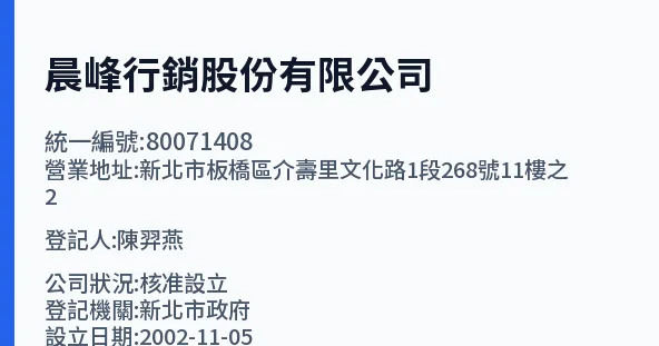 晨峰行銷股份有限公司的照片-統編 80071408(新北市) 公司登記資料與營業項目詳細圖表