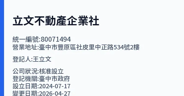 立文不動產企業社的照片-統編 80071494(臺中市) 公司登記資料與營業項目詳細圖表