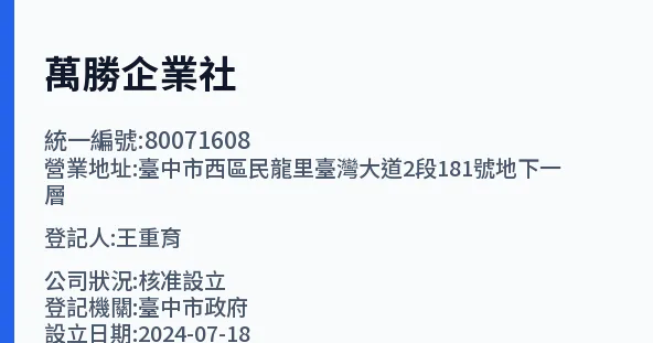 萬勝企業社的照片-統編 80071608(臺中市) 公司登記資料與營業項目詳細圖表