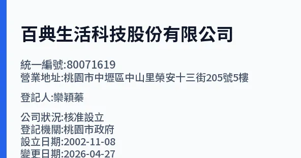 百典生活科技股份有限公司的照片-統編 80071619(桃園市) 公司登記資料與營業項目詳細圖表
