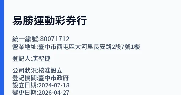 易勝運動彩券行的照片-統編 80071712(臺中市) 公司登記資料與營業項目詳細圖表