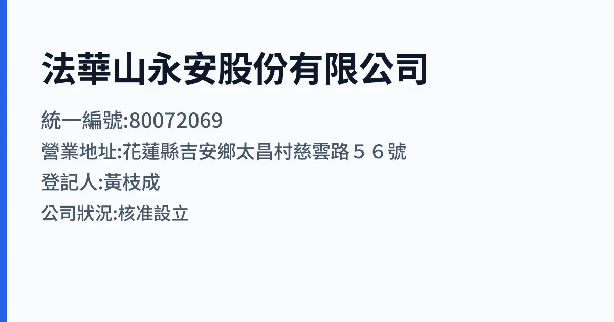 法華山永安股份有限公司 - 統編 80072069(花蓮縣) 公司登記資料與營業項目詳細圖表