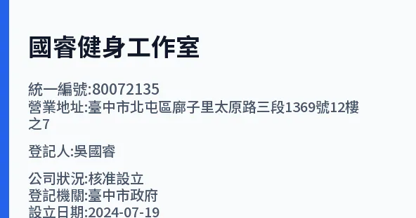 國睿健身工作室的照片-統編 80072135(臺中市) 公司登記資料與營業項目詳細圖表